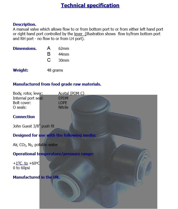 3 Way Plastic Diverter / Selector Valve c/w 3/8" Push Fittings (For Ga ...